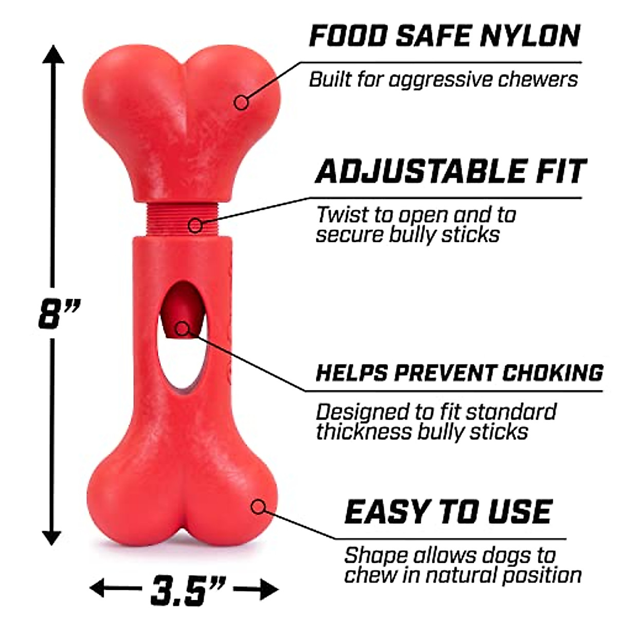 GoSports Chew Champ Bully Stick Holder for Dogs - Securely Holds Bully Sticks to Help Prevent Choking, Red - 8 Inch Size