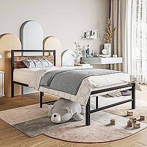 FOUBAM Twin Bed Frame with Wood Headboard,Farmhouse Bed Twin Metal Platform Bed Frames No Box Spring Needed,Firm Mattress Foundation Steel Slats Support,Under Bed Storage Without Noise,Vintage Brown