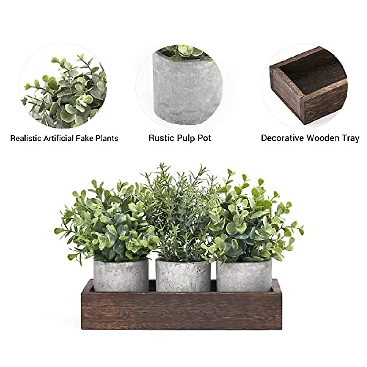 Dahey 3 Pack Mini Potted Artificial Eucalyptus Fake Plants with Wood Tray Centerpiece Table Decor, Farmhouse Pulp Flower Pots Greenery Home Decoration for Coffee Table Dining Room Office Kitchen