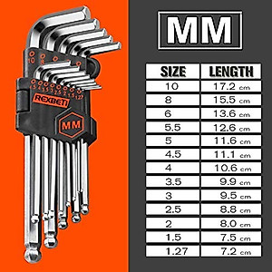 REXBETI Hex Key Allen Wrench Set, SAE Metric Star Long Arm Ball End Hex Key Set Tools, Industrial Grade Allen Wrench Set, S2 Steel