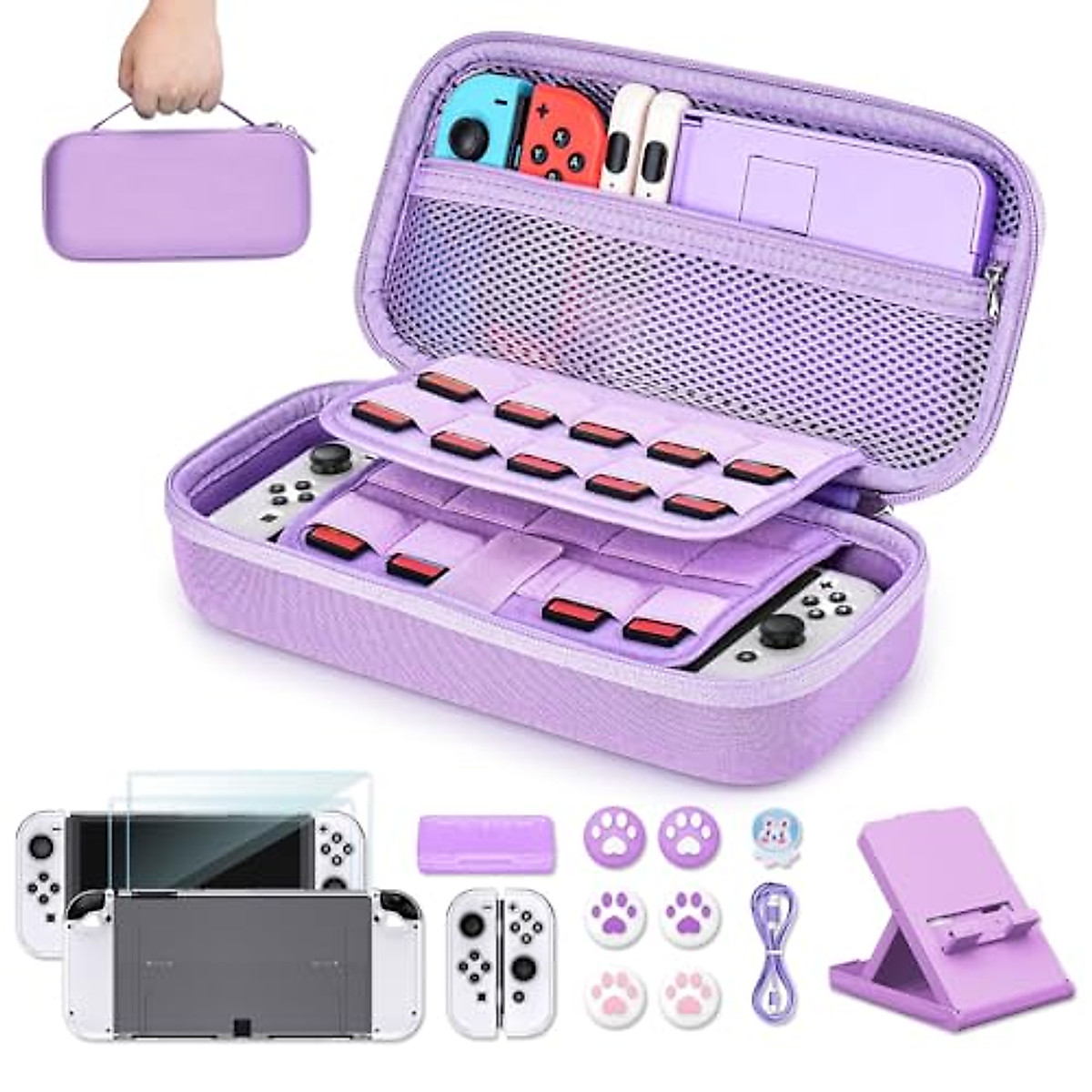 Younik Switch OLED Accessories Bundle, 16 in 1 Accessories Kit Includes Switch OLED Carrying Case, Protective Case Cover for Console & J-Con, Screen Protector, Adjustable Stand, Switch Game Case