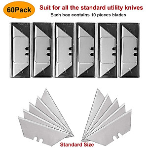 60 Pack Utility Knife Blades, SK5 Steel Heavy Duty Box Cutter Replacement Blades with Plastic Case, Standard Size Razor Blades for Most Standard Utility Knives
