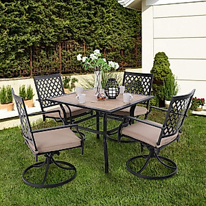 PHI VILLA Outdoor Patio Wood-Like 37" Square Dining Table and Arm Swivel Chairs Furniture Set of 5