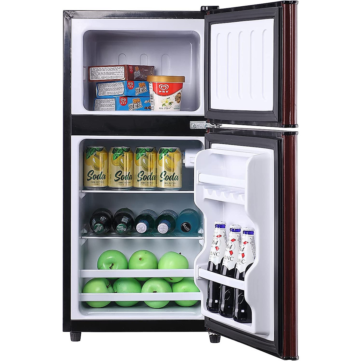 QIYO 3.5 Cu.Ft Compact Fridge-Freezer Combo, Enhanced Freshness Technology, Energy-Efficient Dual Doors, 7-Tier Temperature Control for Kitchen, Dorm, Bar, Office, Apartment - Wooden Finish