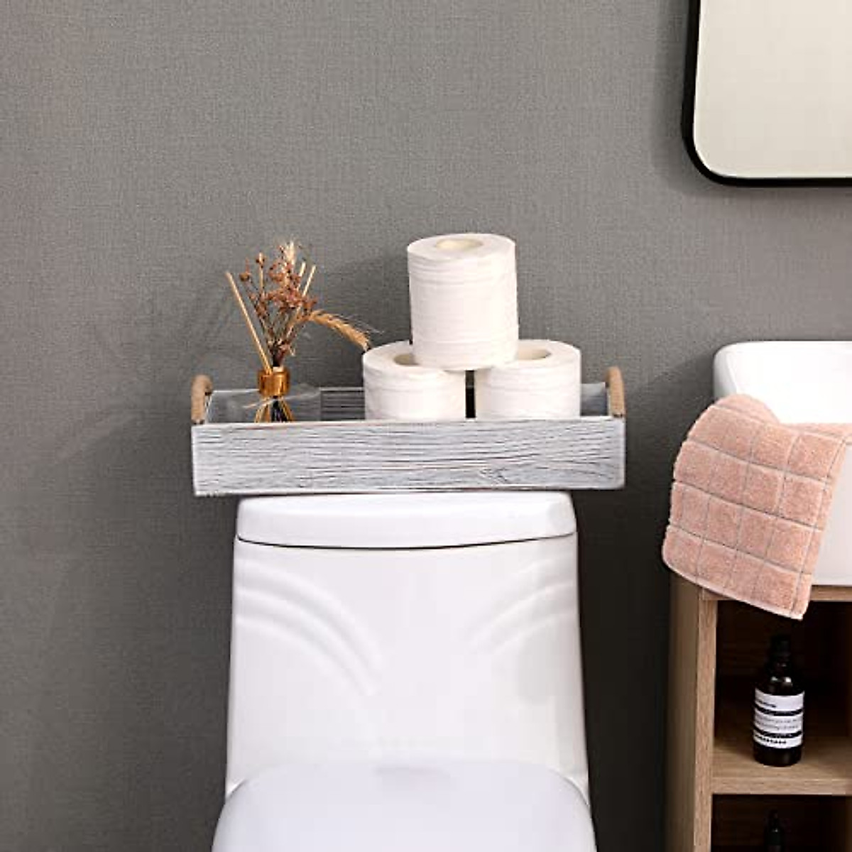 Bathroom Decor Box Toilet Paper Holder Wooden Toilet Tank Boxes,Toilet Paper Storage Baskets,Rustic FarmhouseKitchen Utensil Holder Caddy,Home Decorative Toilet Tank Tray-White Washed Style