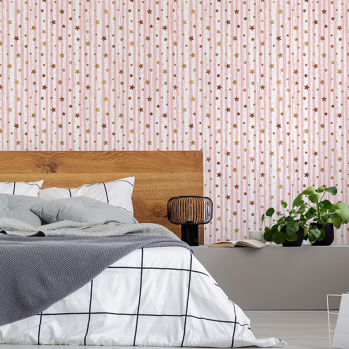 AMAZING WALL Home Modern Peel and Stick Glitter Pink Striped Stars Printed Wallpaper Self Adhesive Bedroom, 15.7*198''