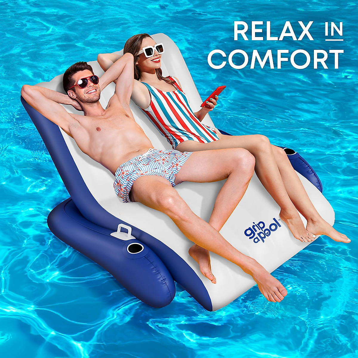 Grip A Pool Inflatable Luxury Chair Recliner Float for 1-2 Adults, Extra Large Heavy Duty Pool Lounge Raft for Floating, Lake, River, Beach
