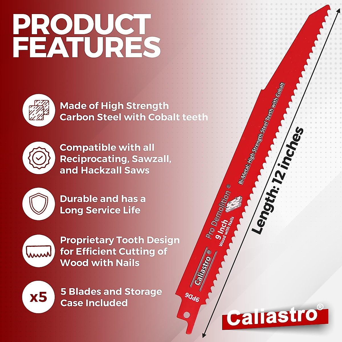 9-Inch Wood with Nails Demolition Reciprocating Saw Blades Made of Long Lasting Bi-Metal with Cobalt Teeth for Reciprocating/Sawzall Saws - 5 Pack - Caliastro