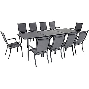 Hanover Naples 11-Piece Patio Dining Set with Rust-Free Aluminum 40" x 118" Expanding Rectangular Dining Table with 10 High-Back Stackable Sling Chairs