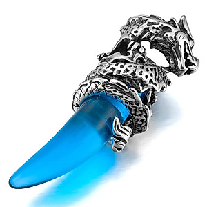 INBLUE Dragon Wolf Tooth Pendant for Men Women Stainless Steel Cool Necklaces Simulate Crystal Gemstone Gifts Jewelry with 23 Inches Chain (Dragon, Blue)