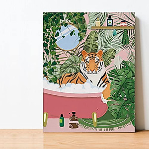 Tiger in Bathtub Canvas Poster Painting Bathroom Wall Art, Boho Jungle Picture Artwork Framed Botanical Print Ready to Hang for Restroom Toilet Wall Decor 12 x 15 inch