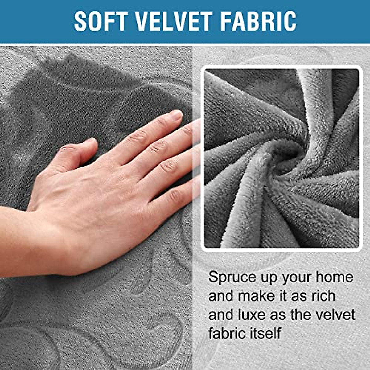 Sofa Slipcover 100% Waterproof Sofa Cover Couch Cover Premium Velvet Classic Flower Pattern Furniture Protector Non Slip with Elastic Straps for Pets Dogs Width Up to 72 Inch (Large Sofa, Grey)