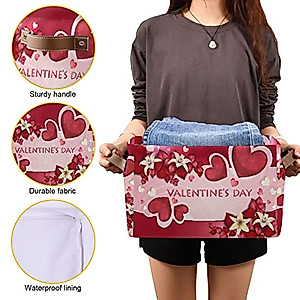 senya Valentine's Day Basket, Valentine's Day Beautiful Flowers and Hearts Foldable Fabric Collapsible Storage Bins Organizer Bag for Storage Clothes