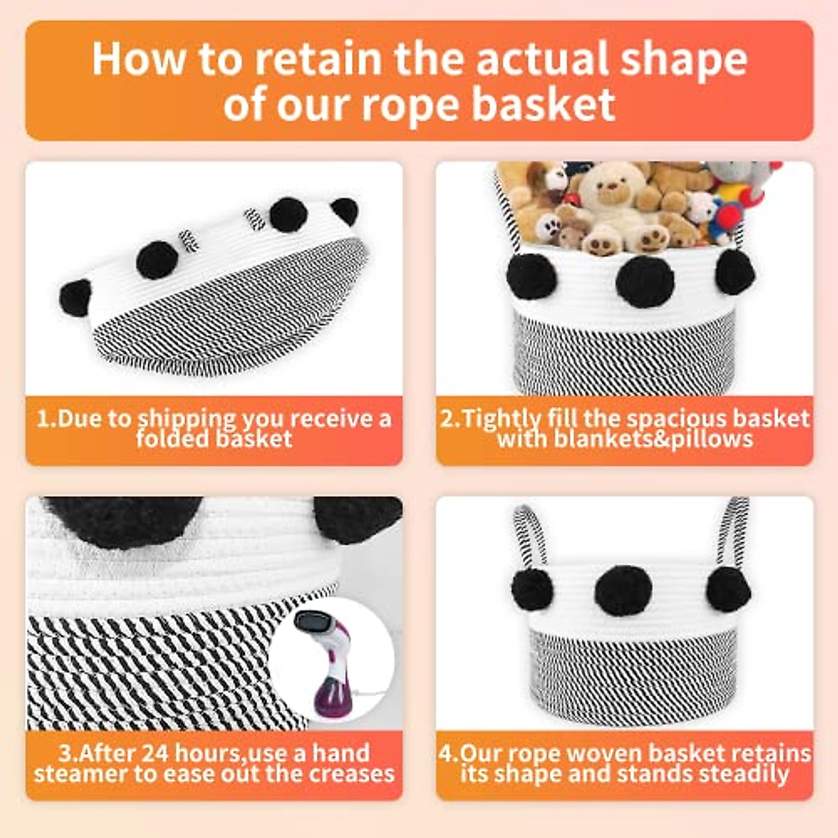 QDSTCKJ Cotton Rope Storage Basket 15" x 15" x 8.5", Woven Laundry Basket with Handles and Pom-poms, Blanket Basket Living Room, Storage Basket for Organizing, Toy Basket, Black and White.