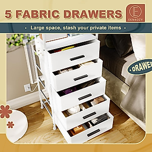 EKNKOZY Nightstand 5 Drawer Dresser with LED Lights and Charging Station, Vertical Side Table with Fabric Drawers, End Table with Open Shelf, Tall Dresser for Bedroom, Hallway, Entryway, White
