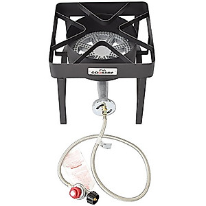 COOKAMP High Pressure Banjo 1-Burner Outdoor Propane Burner Gas Cooker with 0-30 PSI Adjustable Regulator and Steel Braided Hose SA1250
