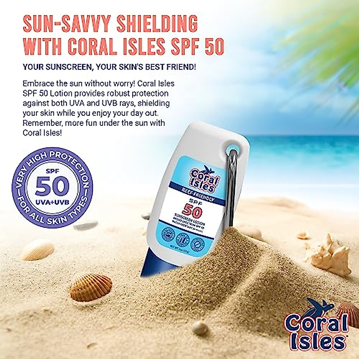CORAL ISLES | Reef-Friendly | SPF 50 Sunscreen Lotion | Broad Spectrum Sunburn Protection | Hawaii Compliant as Reef Safe Sunscreen | No Oxybenzone or Octinoxate | 2 Fl Oz Each (2-pack)