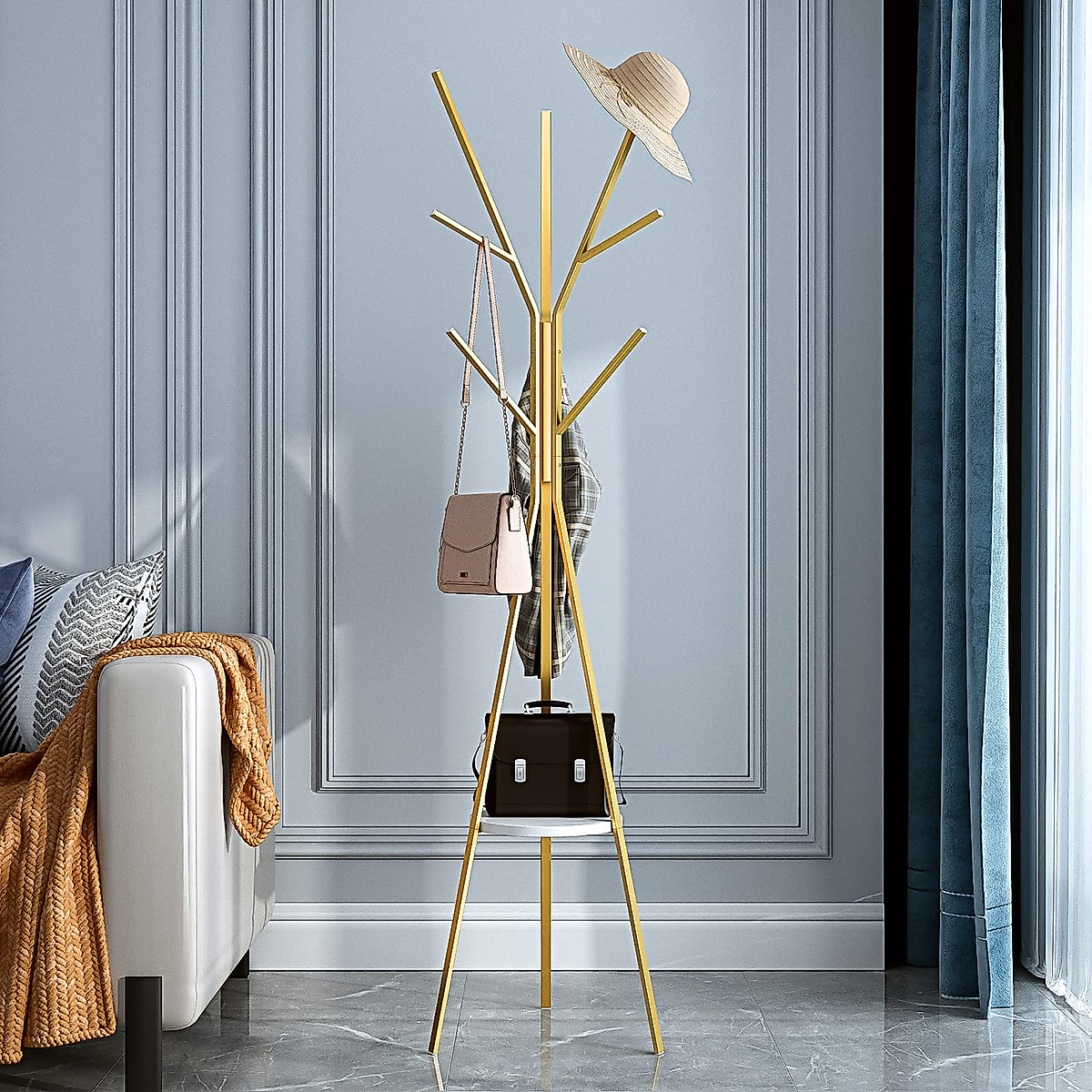 IOTXY Metal Coat Rack Tree - 71 inches Tall Floor Standing Clothing Hanger with Wooden Shelf and 9 Hooks for Handbag Jacket Scarf Rack, Gold