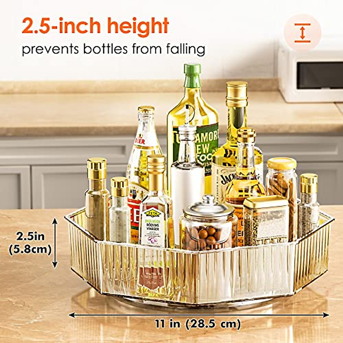 Lazy Susan Organizer, Spice Rack Rotating Organizer with 4 Dividers, Lazy Susan Turntable for Cabinet, 11'' Clear Lazy Susan Turntable Organizer, Spinning Seasoning Organizer for Cabinet Storage