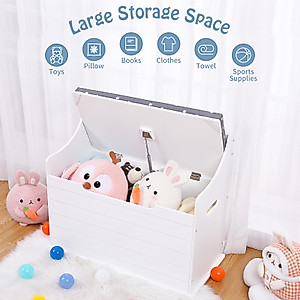 Wooden Toy Box with Seating Bench White Kids Toy Chest with Safety Hinged Lid Large Storage Cabinet with Cushion Seat Bench Toy Storage Organizer Gift for Girls and Boys