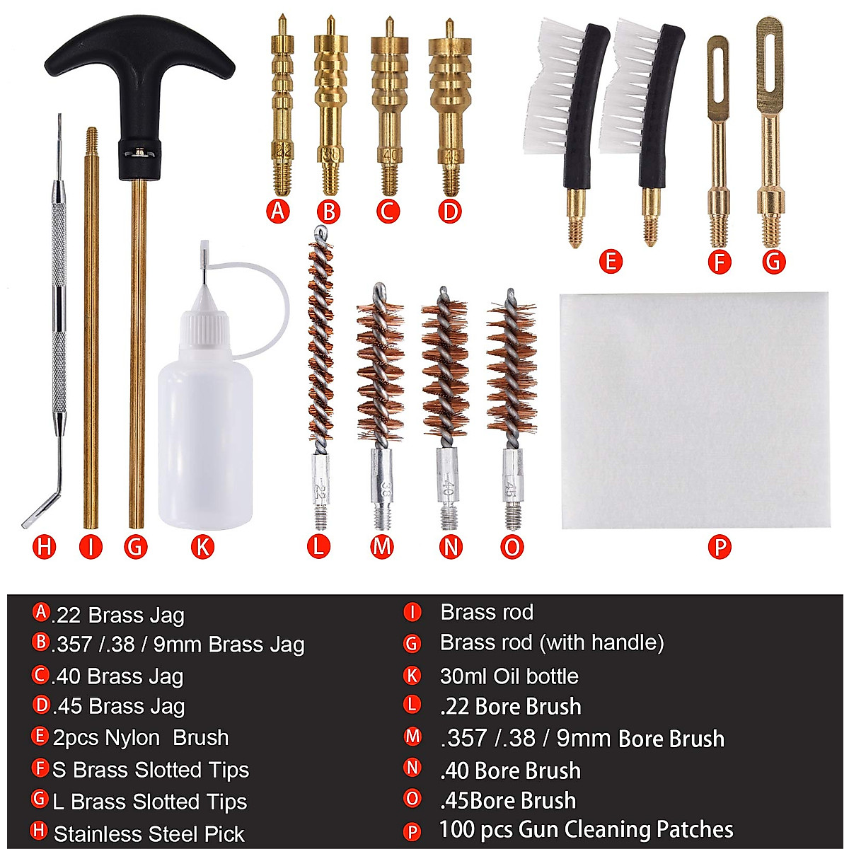 APCHYWELL 18 PCS Handgun Cleaning Kit for.22 .9mm/.357/.38/ .40 .45 Caliber Pistol with Bronze Bore Brush, Brass Jag Adapter, Empty Bottle, Nylon Brushes