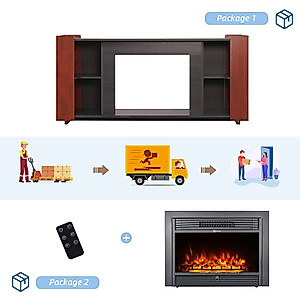 EROMMY 63'' Fireplace TV Stand with 28'' Electric Fireplace Insert, Entertainment Center with 3 Colors Flame Fireplace Heater, TV Console for TVs up to 70'' for Living Room, Bedroom, Office, Cherry