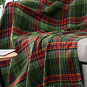 LALIFIT Soft Fluffy Green Red Plaid Fringe Blanket, Lightweight Throw with Tassels for Home Decor, 50" x 60"