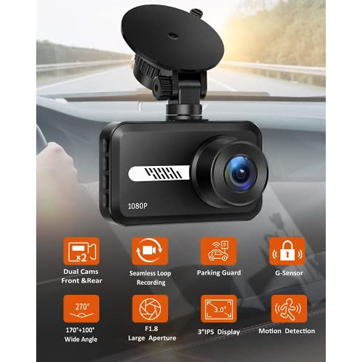 GMAIPOP Dash Cam Front and Rear, 1080P Dash Camera for Cars with SD Card, Dual Dashcams 3" IPS Screen, Dashboard Camera Recorder 170° Wide Angle,Accident Lock,Night Version,Motion Detection