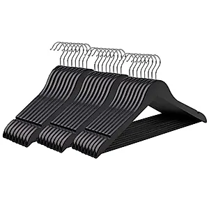 FLASHPRIX Set of 24 Black Hangers, Black Wooden Hangers, Trouser Bar and Notches for Shoulders, 360° Rotating Hook, Hangers for Jackets, Suits, Coats, Sweatshirts