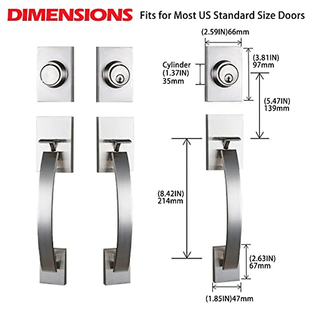 NEWBANG Silver Double Doors Handle Lock Set for Front & Entry Door - Satin Nickel Finish,MDHST2017SN-SET-BR