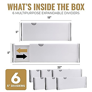 RAPTUROUS Adjustable Drawer Dividers 6 Pack, 5" Tall, 13-22" Long, Deep Dresser Drawer Divider for Bedroom, Closet, Kitchen, Nursery Organization, Strong & Sturdy Hold, Soft Foam Edges（White）