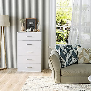 TTVIEW 5 Drawer Dresser Chest, Freestanding Dresser Storage Tower with Metal Handles, White Storage Cabinet for Living Room, Kitchen, Entryway, Closet