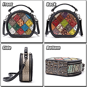 Round Patchwork Genuine Leather Shoulder Bag for Women, Colorful Small Cell Phone Crossbody Purse, Ladies Stylish Handbag