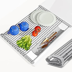 Large Dish Drying Rack for Kitchen Sink - Over Sink Dish Drying Rack to Dry Dishes & Drain Items - Modern & Stylish Dish Rack Set with Extra Side Tray - Space-Saving Roll-Up Counter Drainboard - Grey