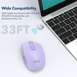 WisFox Bluetooth Mouse, Silent Wireless Mouse Come with 2 Modes (Bluetooth 3.0/5.0 + USB), Multi-Device Portable Cordless Mouse for Laptop, iPad, MacOS, PC, Windows, Android (Purple)