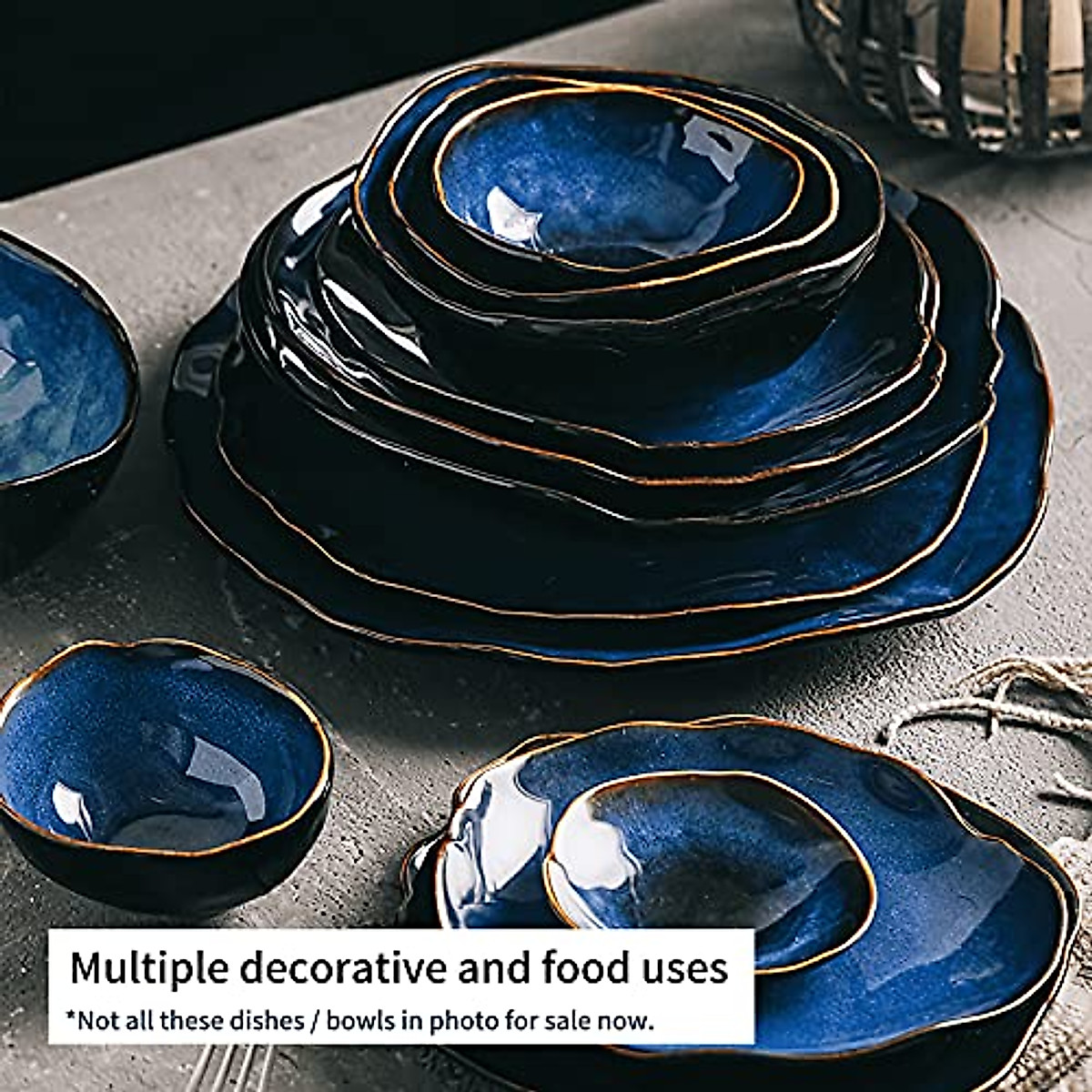 VOMANA Ceramic Decorative Dish, Blue Pottery Fruit Bowl, Porcelain Versatile Centerpiece Decor Dish, Accent Tray with Blue Glaze for Gift Decor Entryway Living Room Dining Table (10'' Dish)