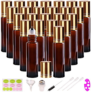 inice 24 Pack Amber Galss Roller Bottles for Aromatherapy Essential Oils,10ml Roll On Bottles with Stainless Steel Roller Balls Metal Cap
