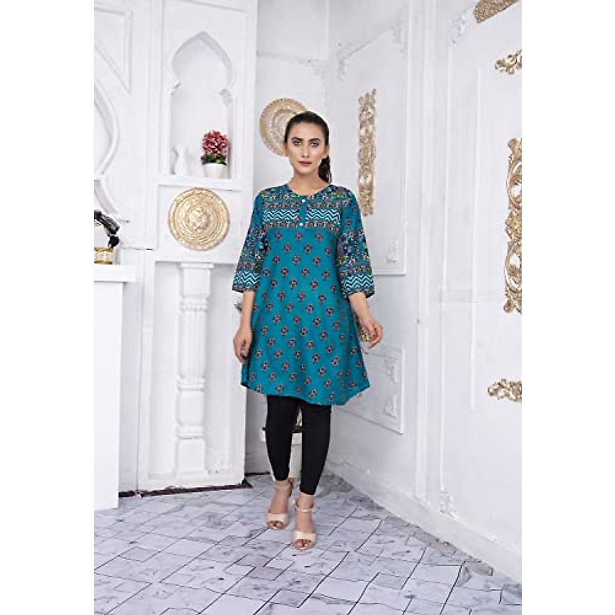 IshDeena Pakistani Kurtis for women Indian Style Cotton Tunics Womens Tops Printed Lawn (Small, Teal)