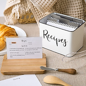 Deppon Recipe Box with Cards and Dividers, White Metal Vintage Farmhouse Design Recipe Organization Box, Recipe Card and Box Set with Grooved lid, Includes 50 4 X 6 Cards and 24 Dividers