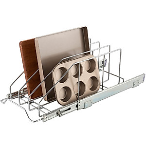 OCG Pull Out Cabinet Organizer for Cookie Sheet Cutting Board Bakeware and Tray, Slide Out Kitchen Cabinet Organizer 11" W x 21" D, Chrome