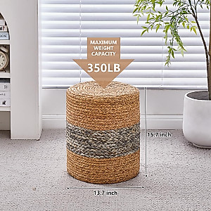 Ottoman Foot Rest Stool Round Natural Seagrass Foot Stool Hand-Woven Boho Pouf Ottomans Home Decor Footstool Extra Seating for Living Room Bedroom Entryway Grey