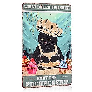Black Cat Wall Decor Sign - 8x12 Inch Retro Metal Wall Art Posters Prints Decorative for Home Room Bathroom Bedroom Kitchen Bar Office Etc.（I Just Baked You Some）