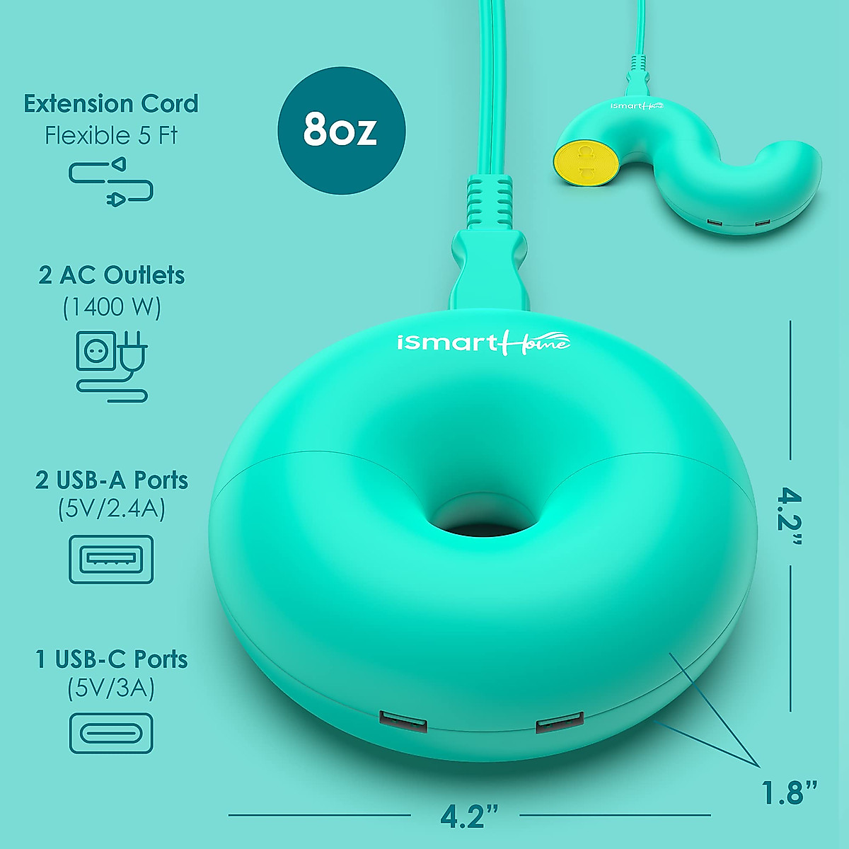 Travel Power Strip Surge Protector with USB, Portable Charging Station Extension Cord, Compact USB C Power Strip for Travel, Hotels, Home & Office (Green)