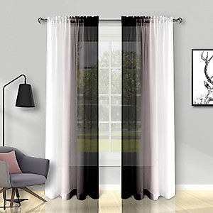 Melodieux Black Ombre Sheer Curtains 84 Inches Long for Living Room, Bedroom Chiffon Black White Gradient Rod Pocket Voile Drapes, 52 by 84 Inch, 2 Panels