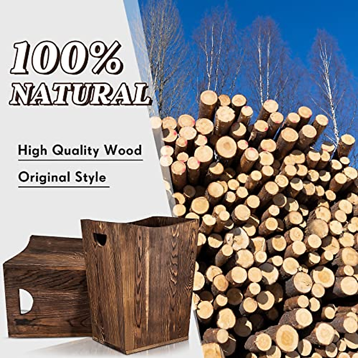 2 Pcs Wood Trash Can Wastebasket Office Bin Rustic Wooden Waste Basket Decorative Trash Bin Small Garbage Can Near Desk Bathroom Trashcan Garbage Container Bin with Handle for Kitchen Bedroom, Brown