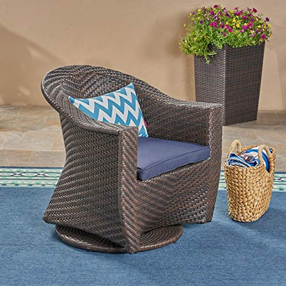 Christopher Knight Home 306023 Koch Outdoor Wicker Swivel Chair, Dark Gray, Multi Brown/Navy