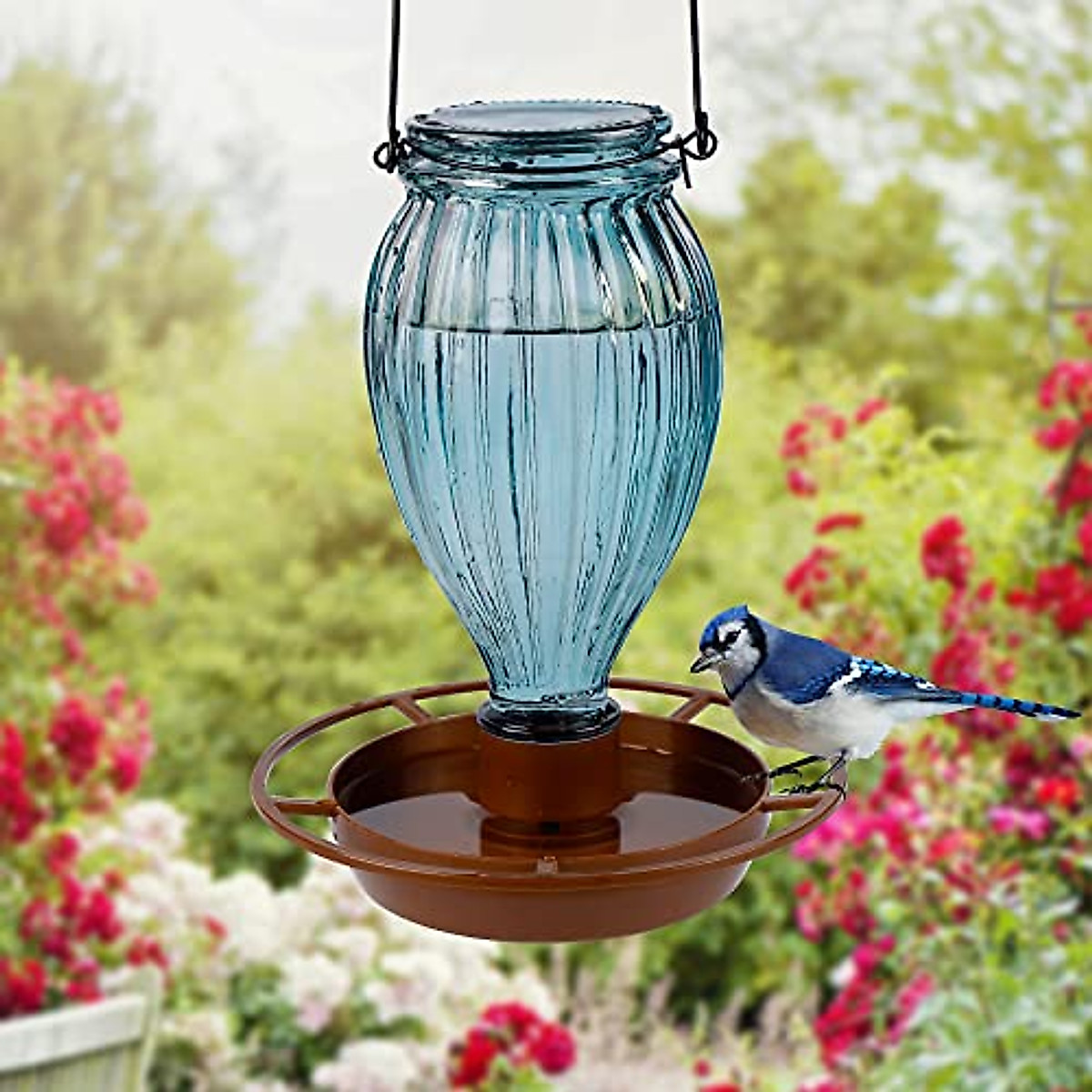Juegoal Glass Wild Bird Waterer, 37 oz Wild Bird Feeder for Outdoors, Diamond Shaped Water Cooler with Metal Handle Hanging for Garden Tree Yard Outside Decoration, Gray-Blue