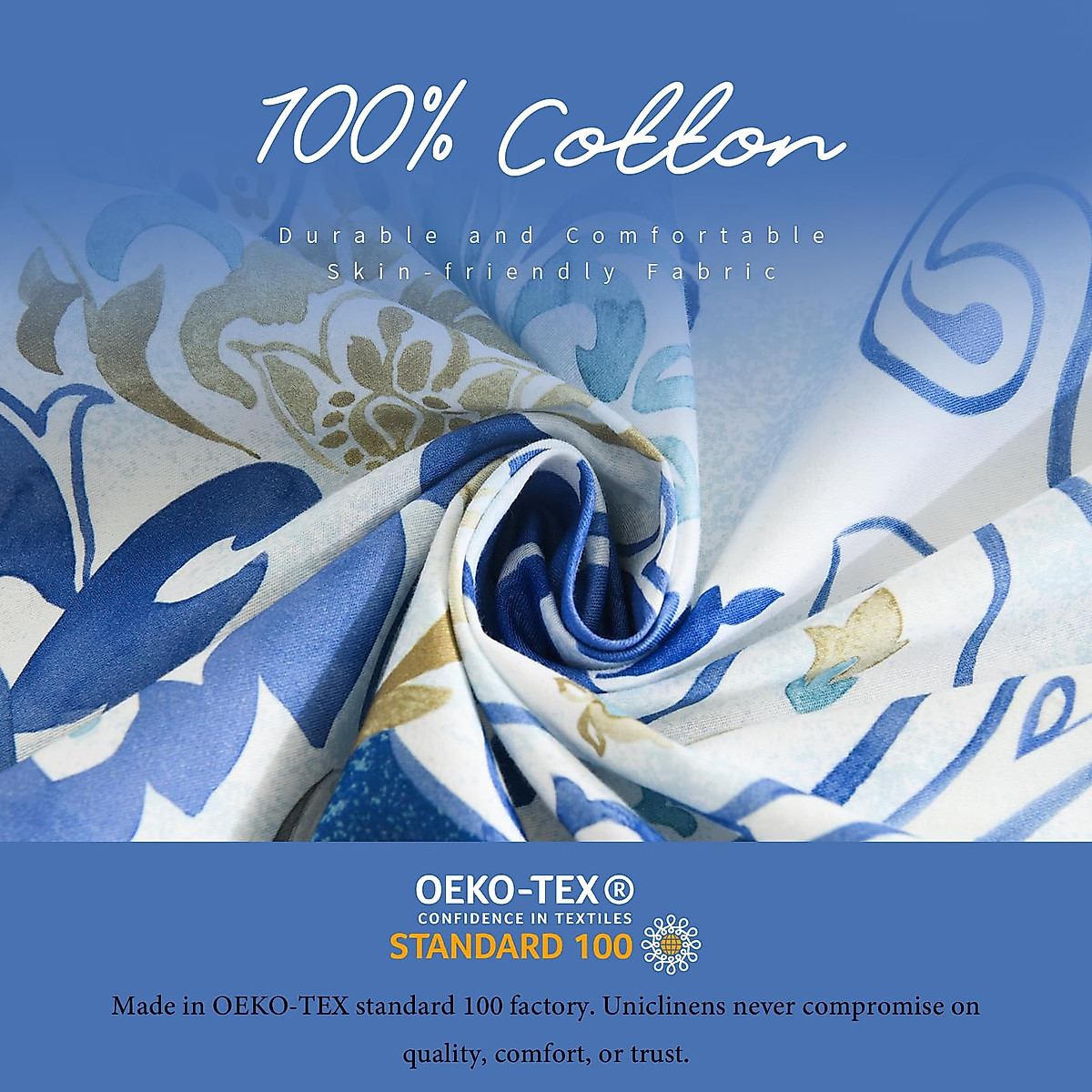 Uniclinens Damask Duvet Cover Queen - Blue Painting Duvet Cover Set, 100% Cotton Queen Size Set with Zipper Closure and 8 Ties, 1 Duvet Cover (90”x 90”) & 2 Pillow Shams (20“x 26”), No Comforter