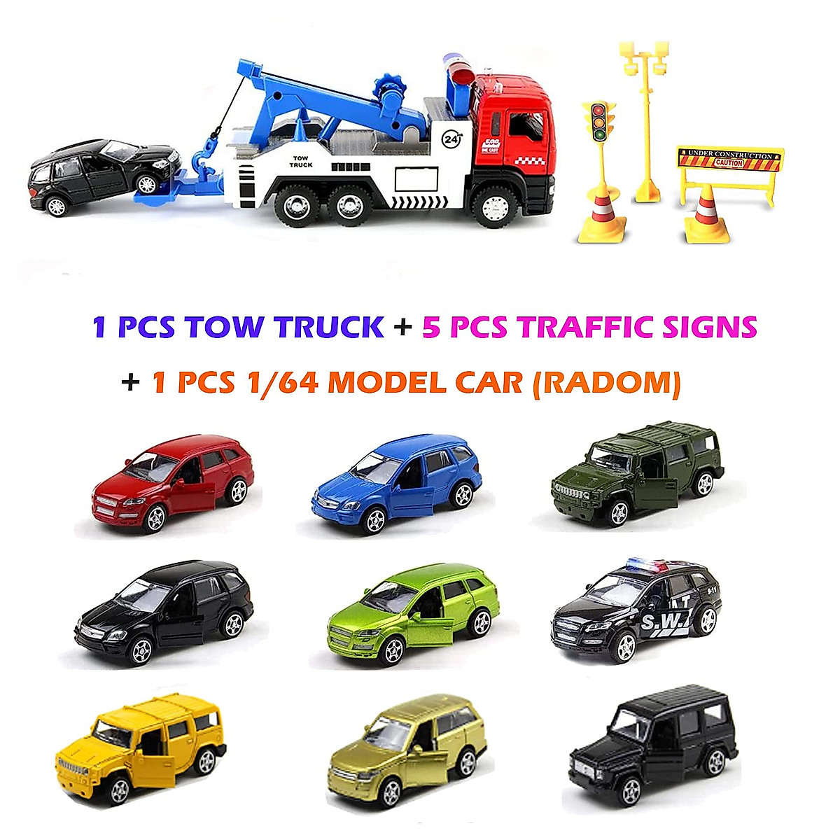 JOYINUS Toy Tow Truck Metal Diecast Truck with Car Pull Back Miniature Toy Trucks with Sound and Light for Boys(with 5 Pcs Traffic Signs)