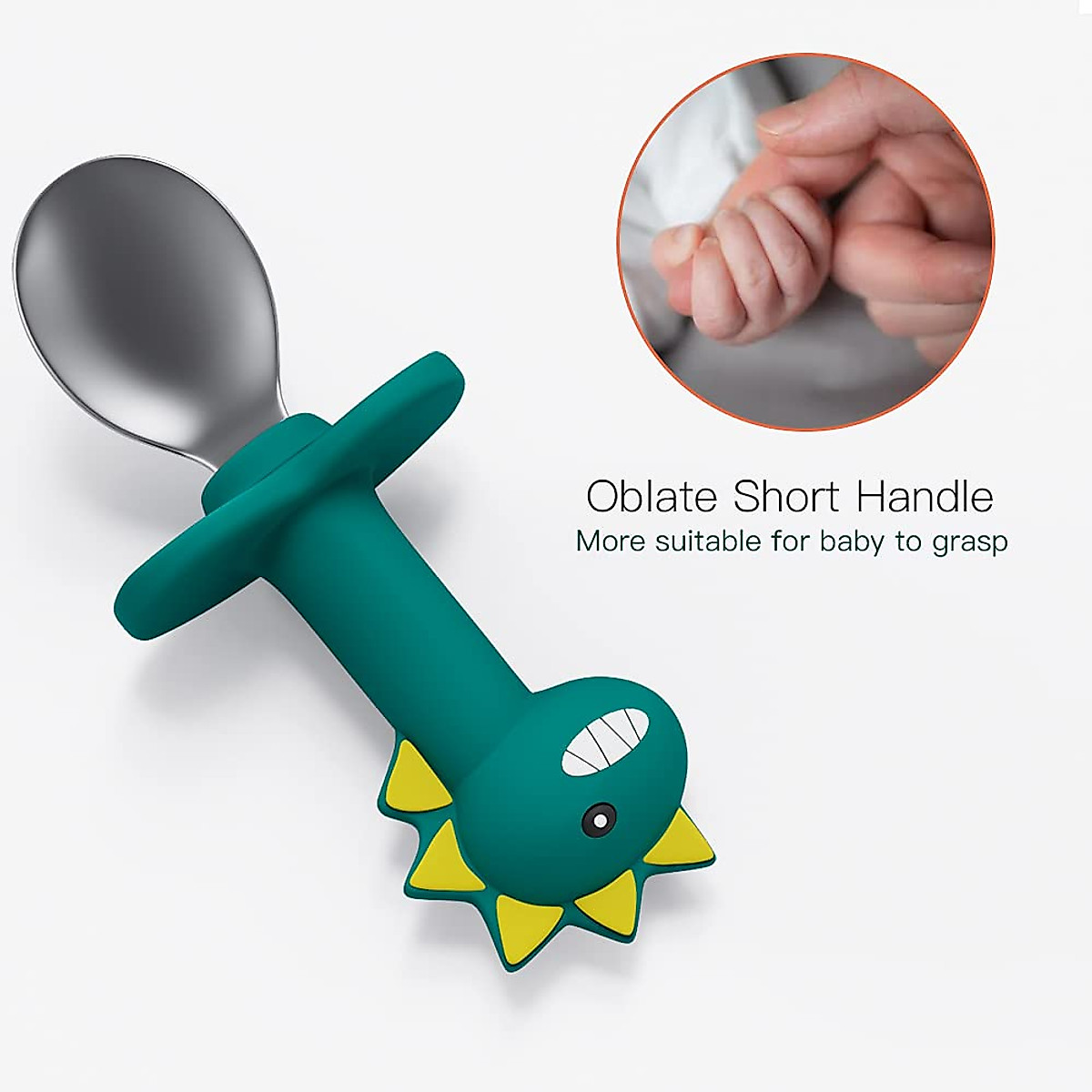 SFCCMM Toddler Utensils Stainless Steel Forks and Spoons Safe Children's Cutlery Set Handle Cartoon Cute for Baby (Green Dinosaur - Short)